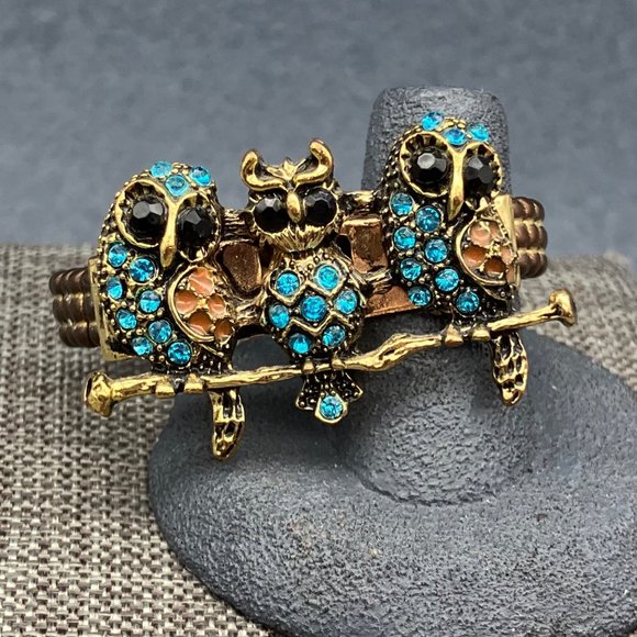 Jewelry | Three Birds Double Ring Perch Gold Turquoise Rhinestone Black ...
